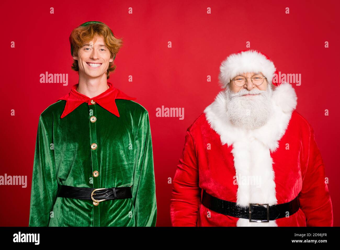 Photo of two people santa claus elf smile look camera wear x-mas ...