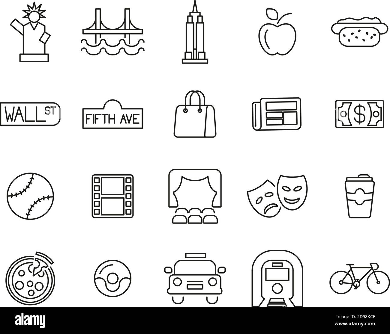 New York City & Culture Icons Black & White Thin Line Set Big Stock ...