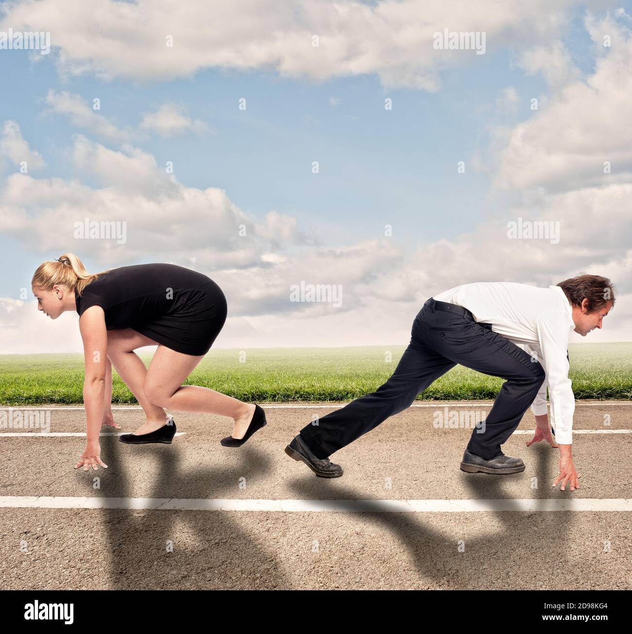 man versus woman on a road ready to run Stock Photo - Alamy