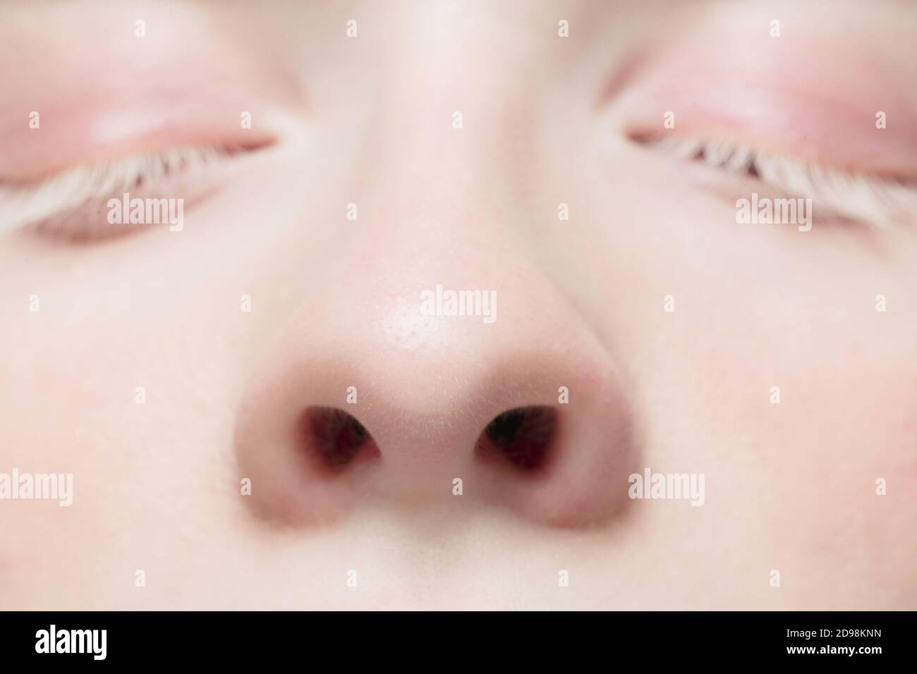 Nose and eyelid. Close up portrait of beautiful albino female model ...