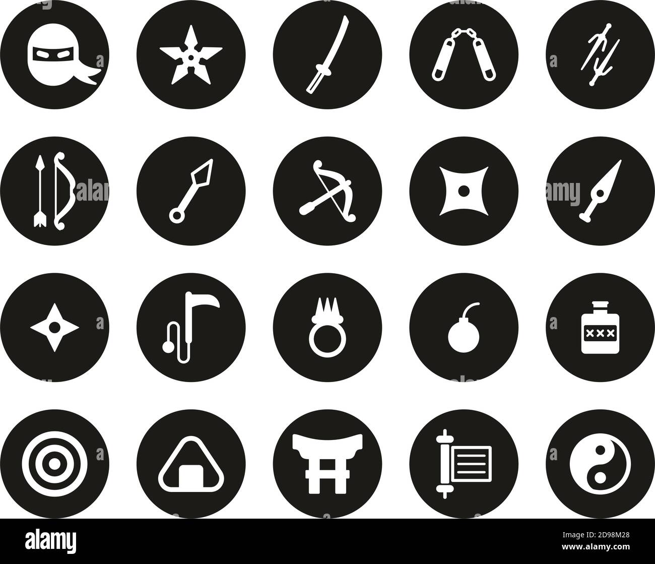 Ninja & Ninja Equipment Icons White On Black Flat Design Circle Set Big ...