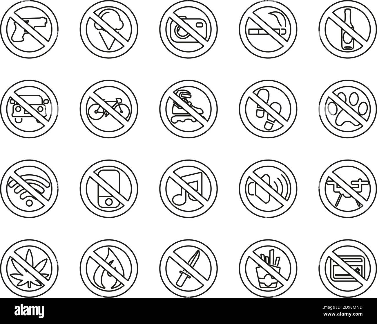 No Sign Or Forbidden Sign Icons Black & White Thin Line Set Big Stock ...