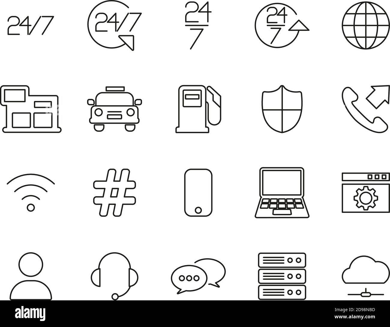 Nonstop Service or 24/7 Service Icons Black & White Thin Line Set Big ...