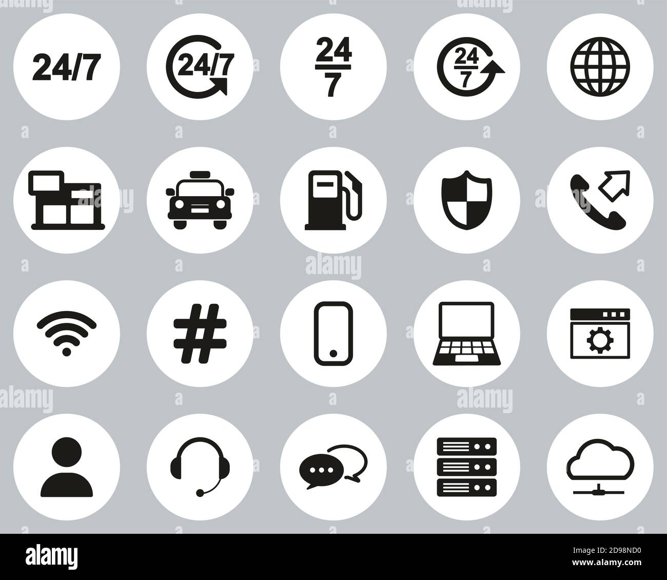 Nonstop Service or 247 Service Icons Black & White Flat Design Circle Set Big Stock Vector Image ...
