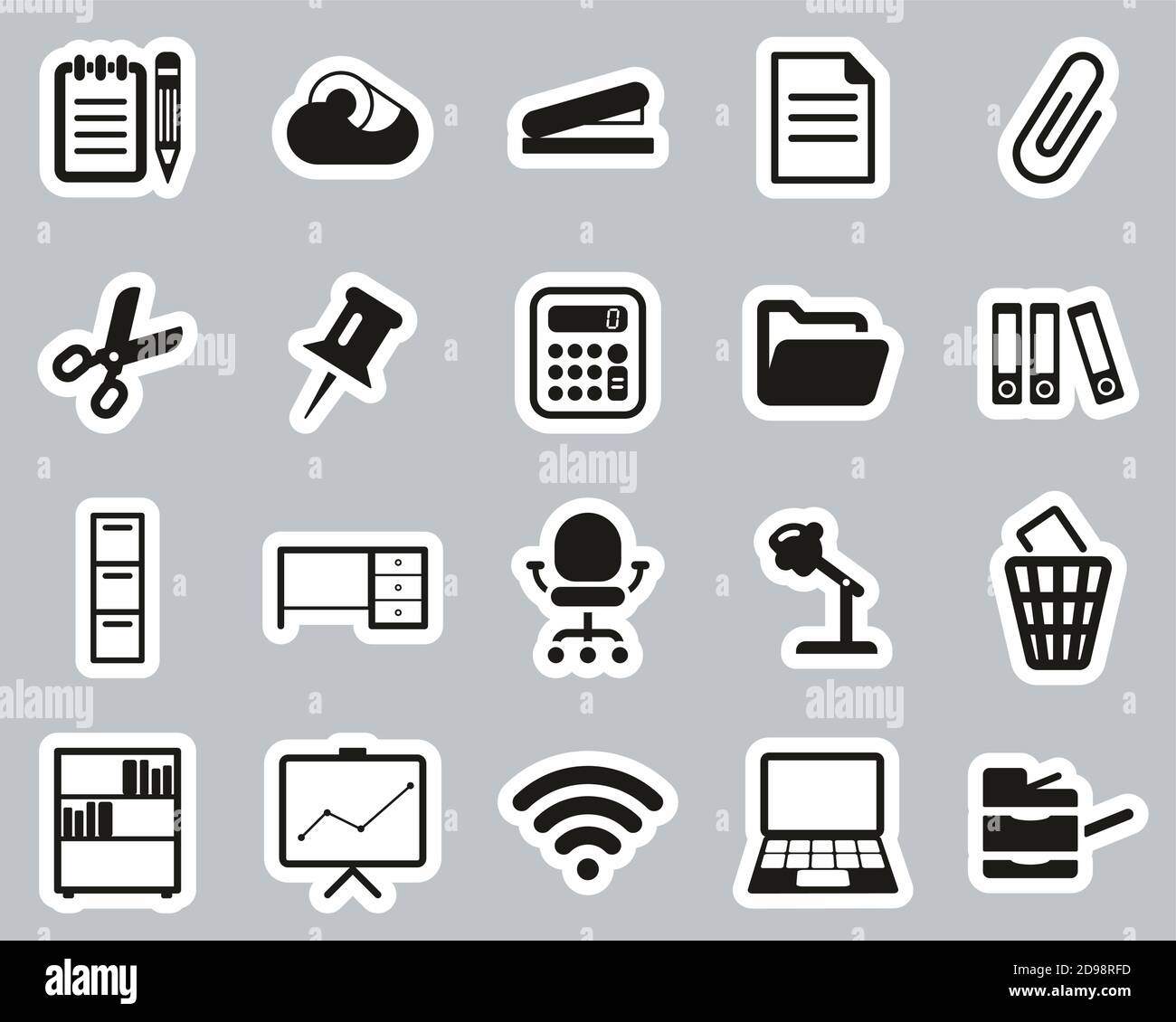 Office Supplies Icons Black & White Sticker Set Big Stock Vector Image ...