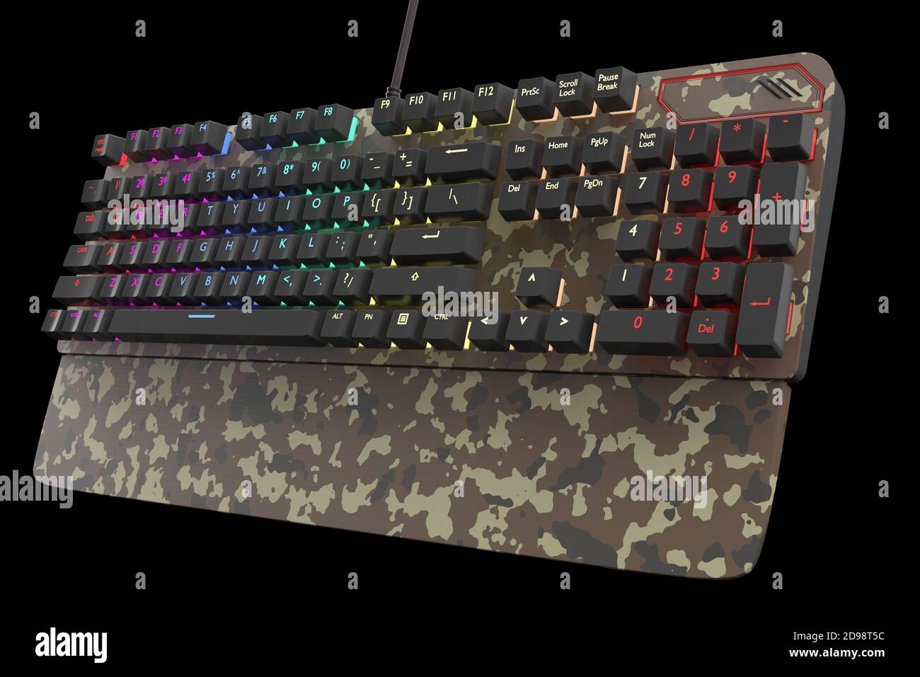 Camouflage colored computer keyboard with rgb color isolated on black ...