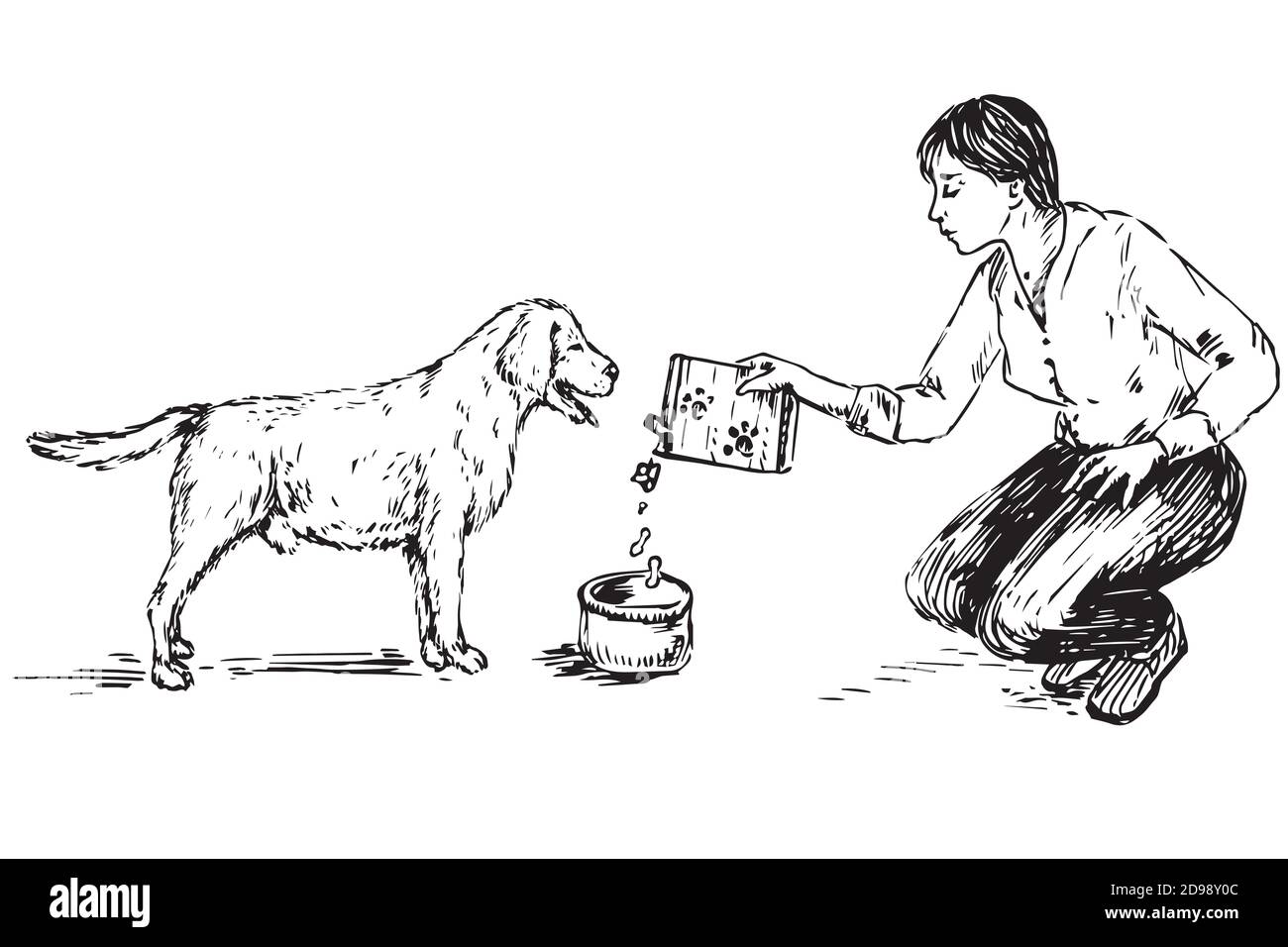 Young woman feeding dog, hand drawn doodle, sketch, black and white ...