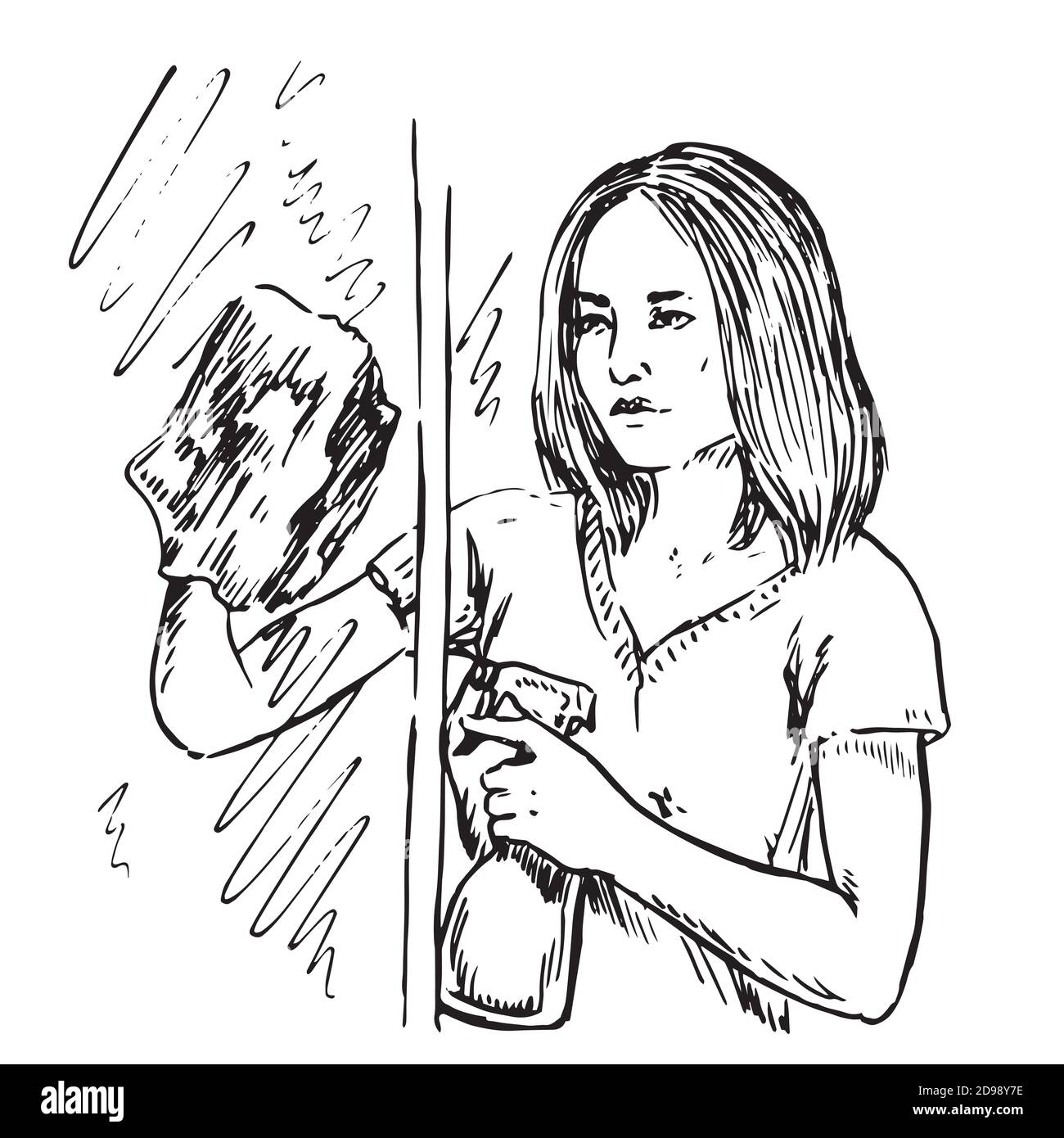 Young housewife washing windows with cleaning cloth and detergent ...