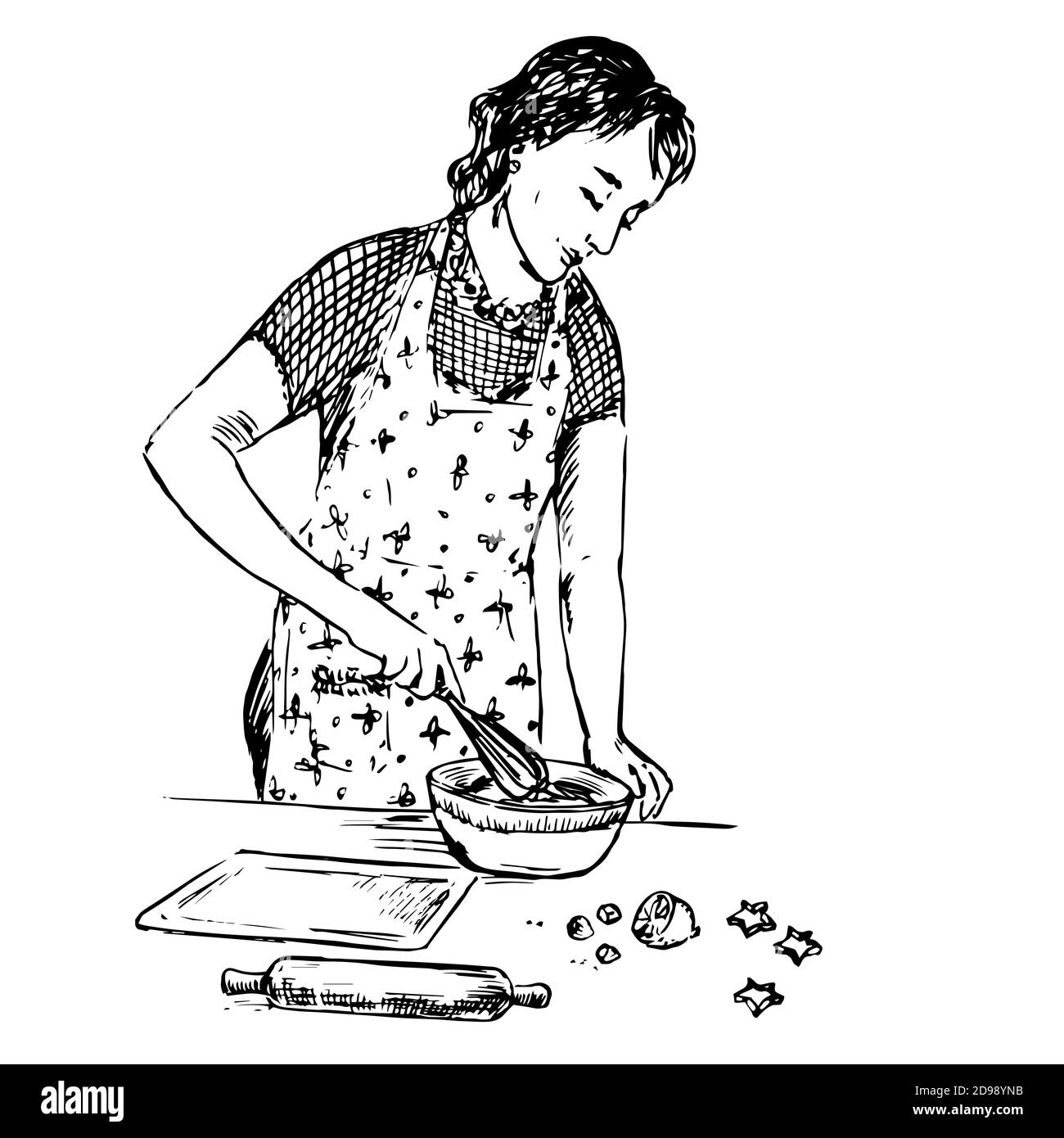 Young housewife dressed in apron whip the dough, hand drawn doodle ...