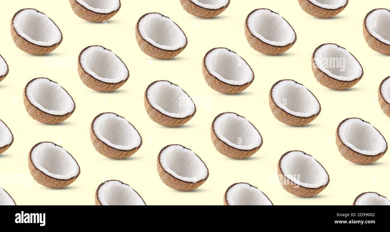 Coconut fruit colorful pattern on a pastel yellow background. Summer ...
