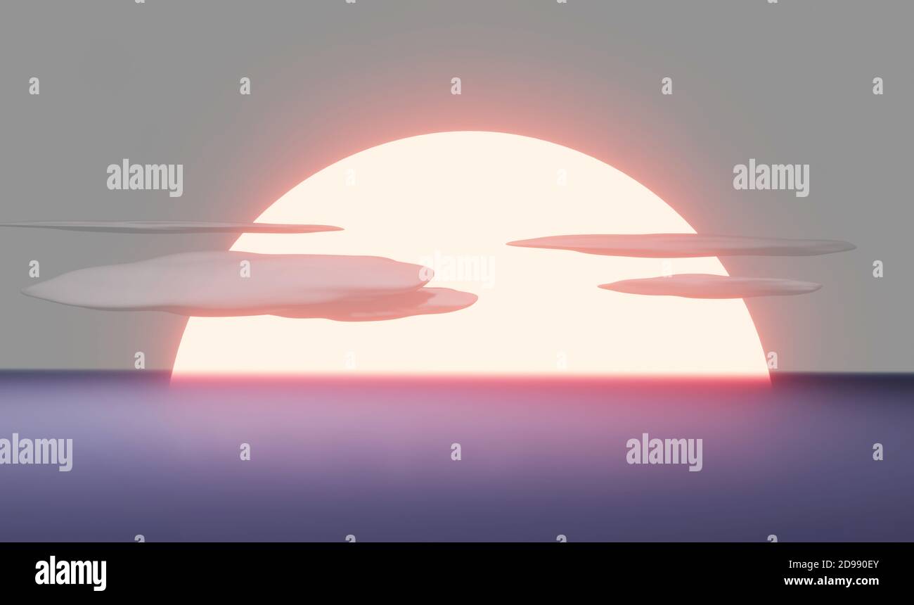 sun setting over fog, clouds, 3d illustration Stock Photo - Alamy