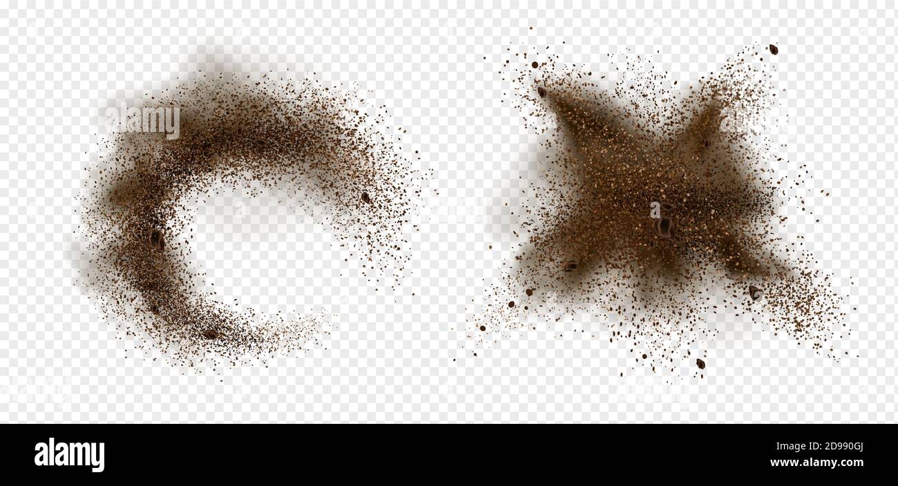Explosion of coffee beans and powder. Vector realistic illustration of ...