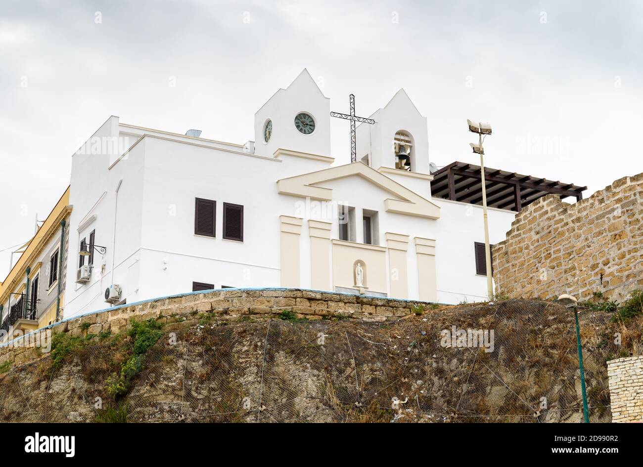 Small white church over rock by the sea in Terrasini, province of ...