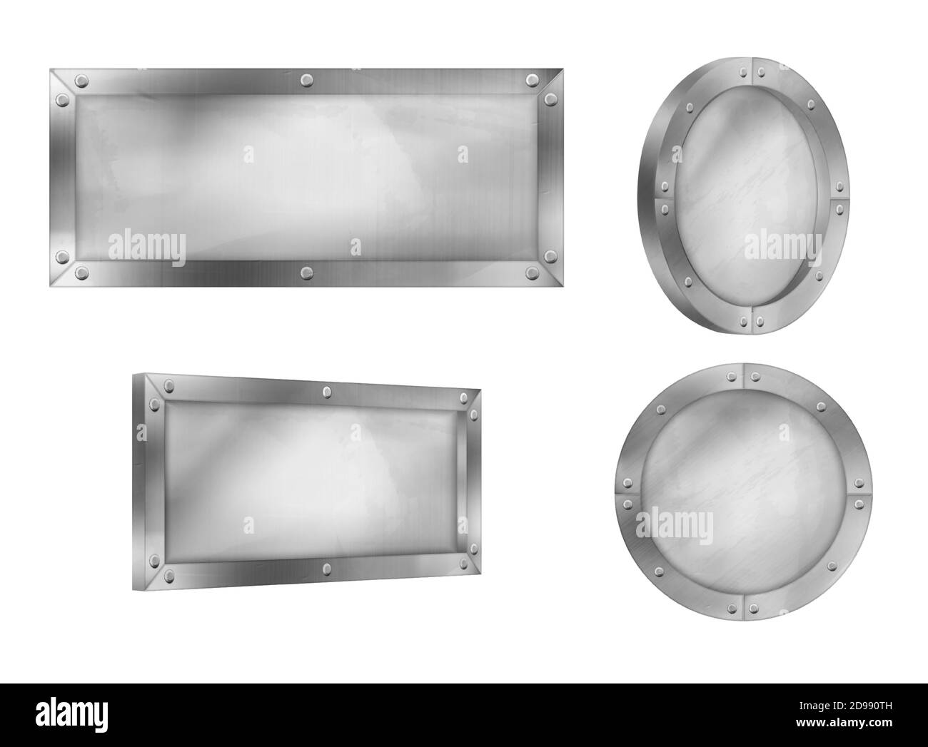 Metal signs, steel boards with rivets on frame isolated on white ...