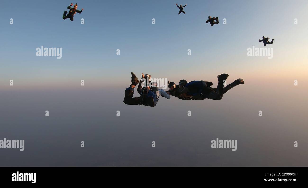 Group of skydivers jumping at the end of the day Stock Photo - Alamy