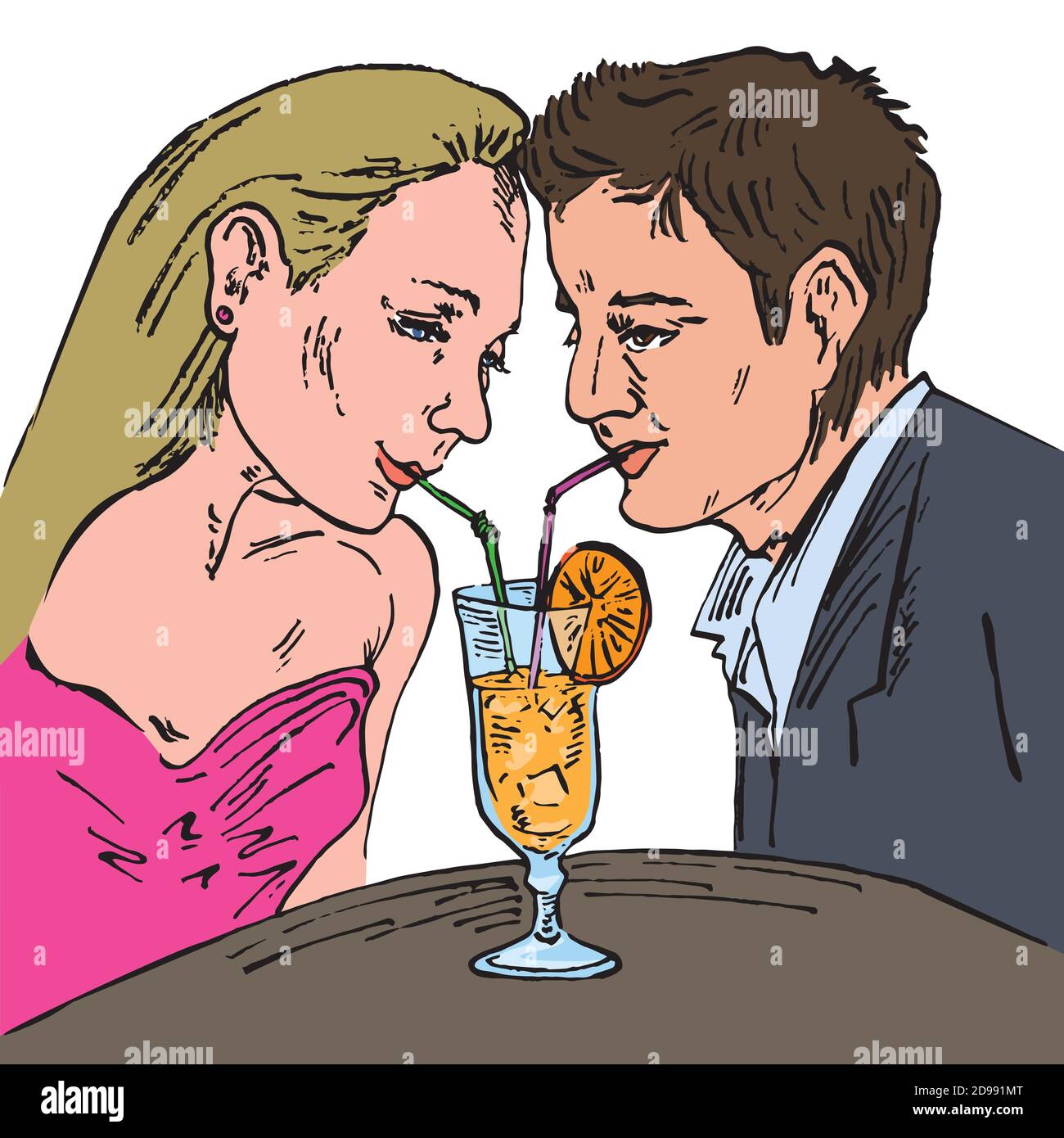 A loving couple together drinking cocktail straws, hand drawn doodle ...