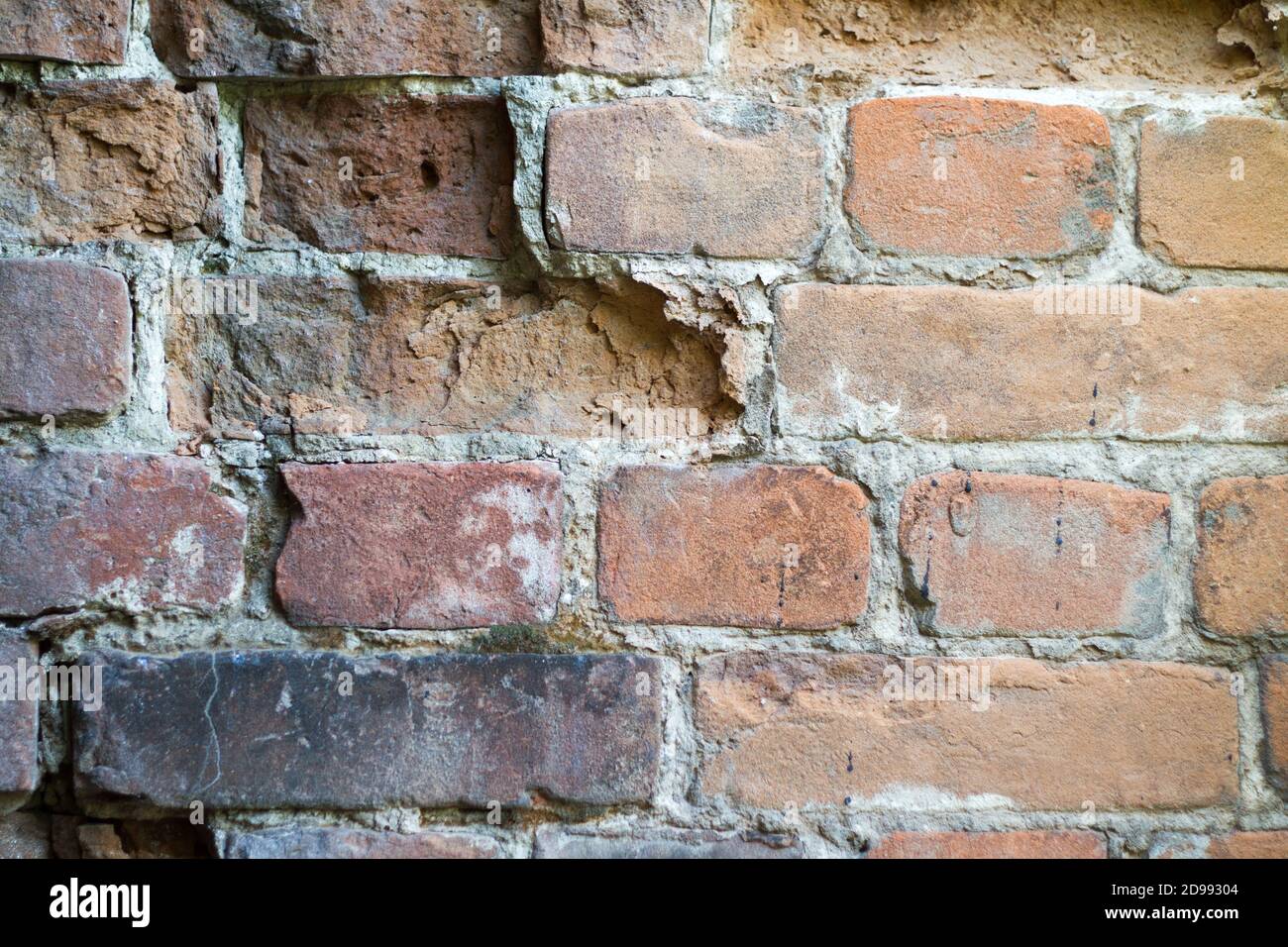 Close-up red damaged brick wall, selective background, copy space Stock ...