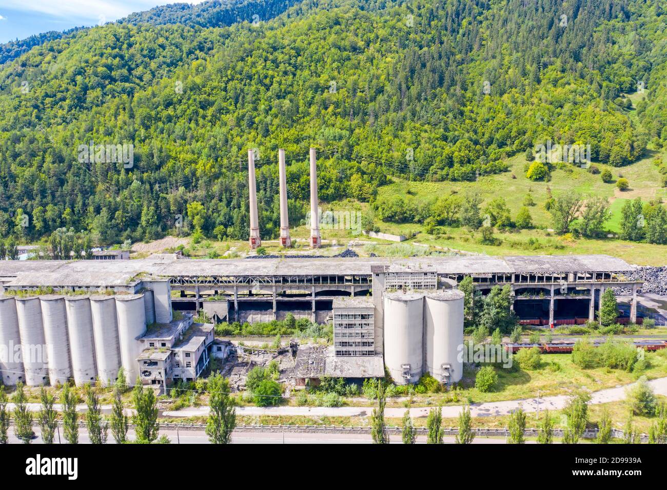 Aerial view of old ruins factory, brokend windows. Abandoned cement ...