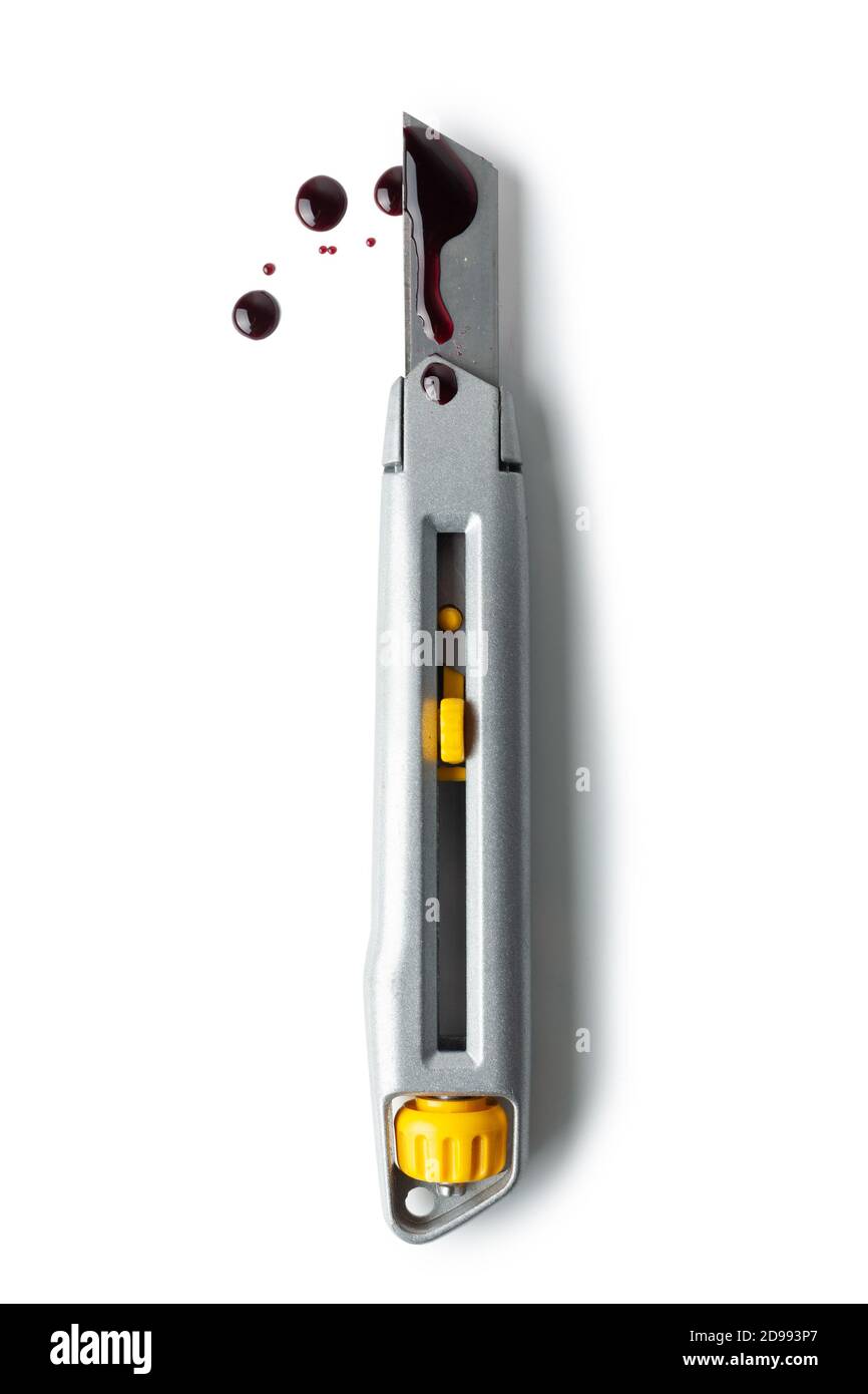 Bloody clerical knife isolated on white background Stock Photo - Alamy