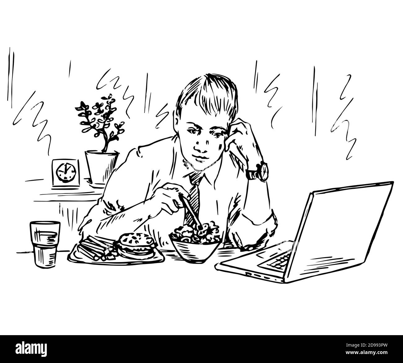 Businessman eating lunch and working with computer in the same time in ...