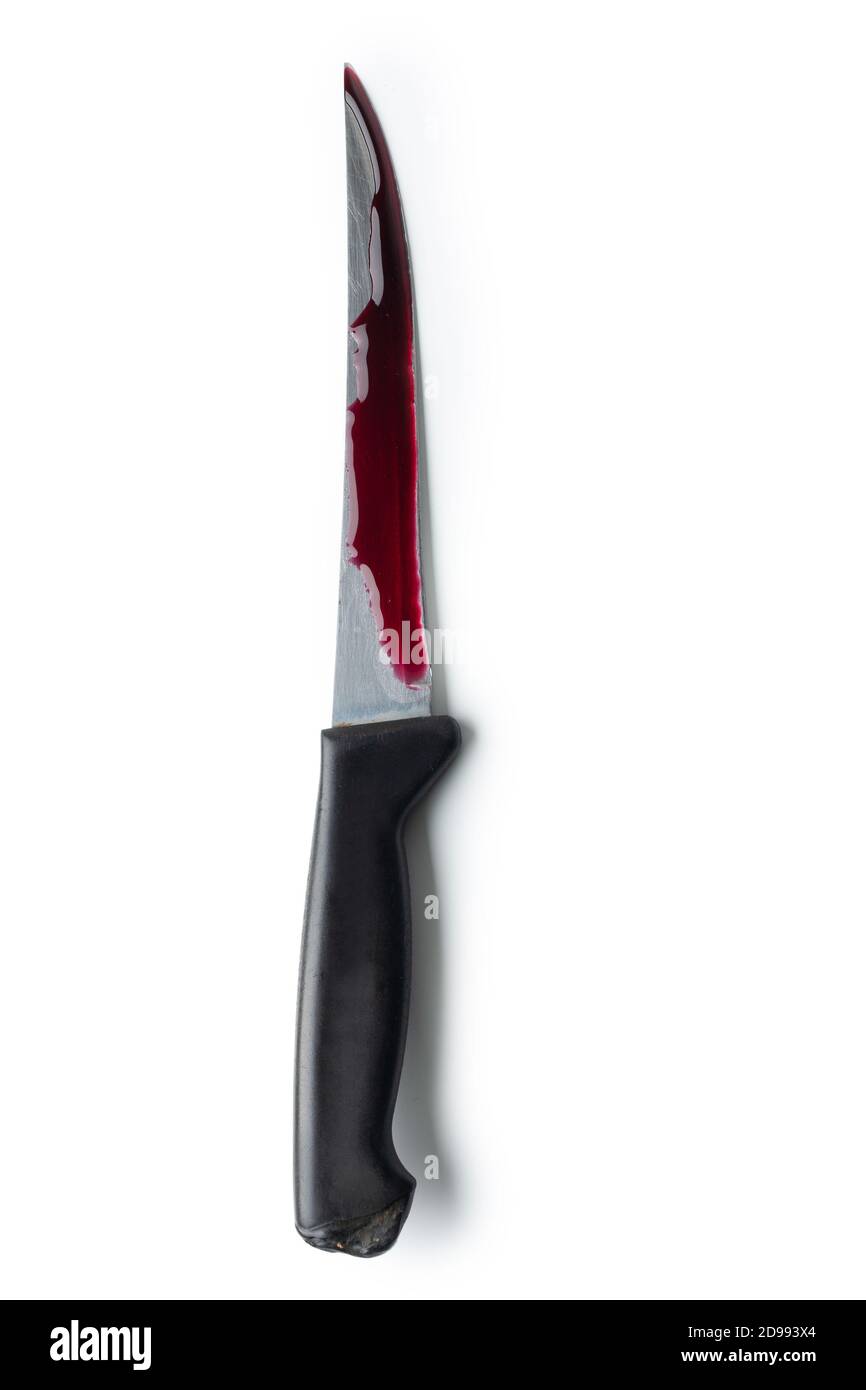 Bloody kitchen knife isolated on white background Stock Photo - Alamy