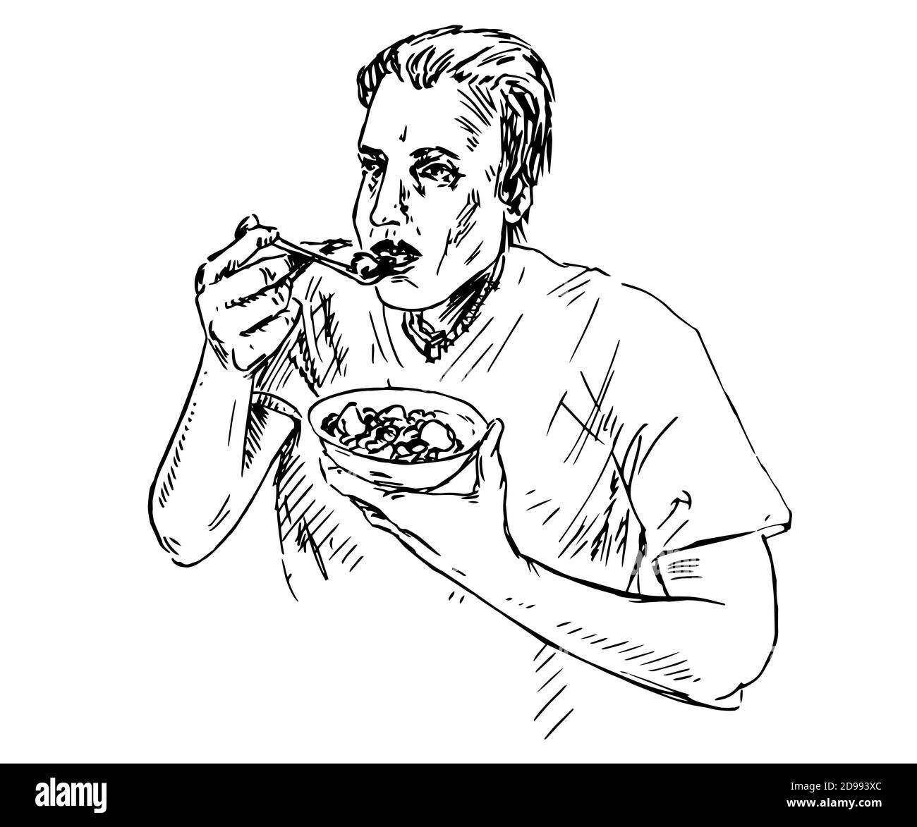 Man eating porridge with fruits, hand drawn doodle, sketch illustration ...