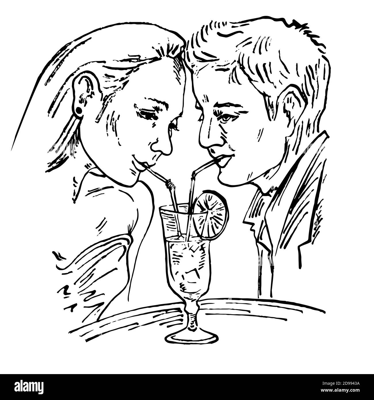 A loving couple together drinking cocktail straws, hand drawn doodle ...
