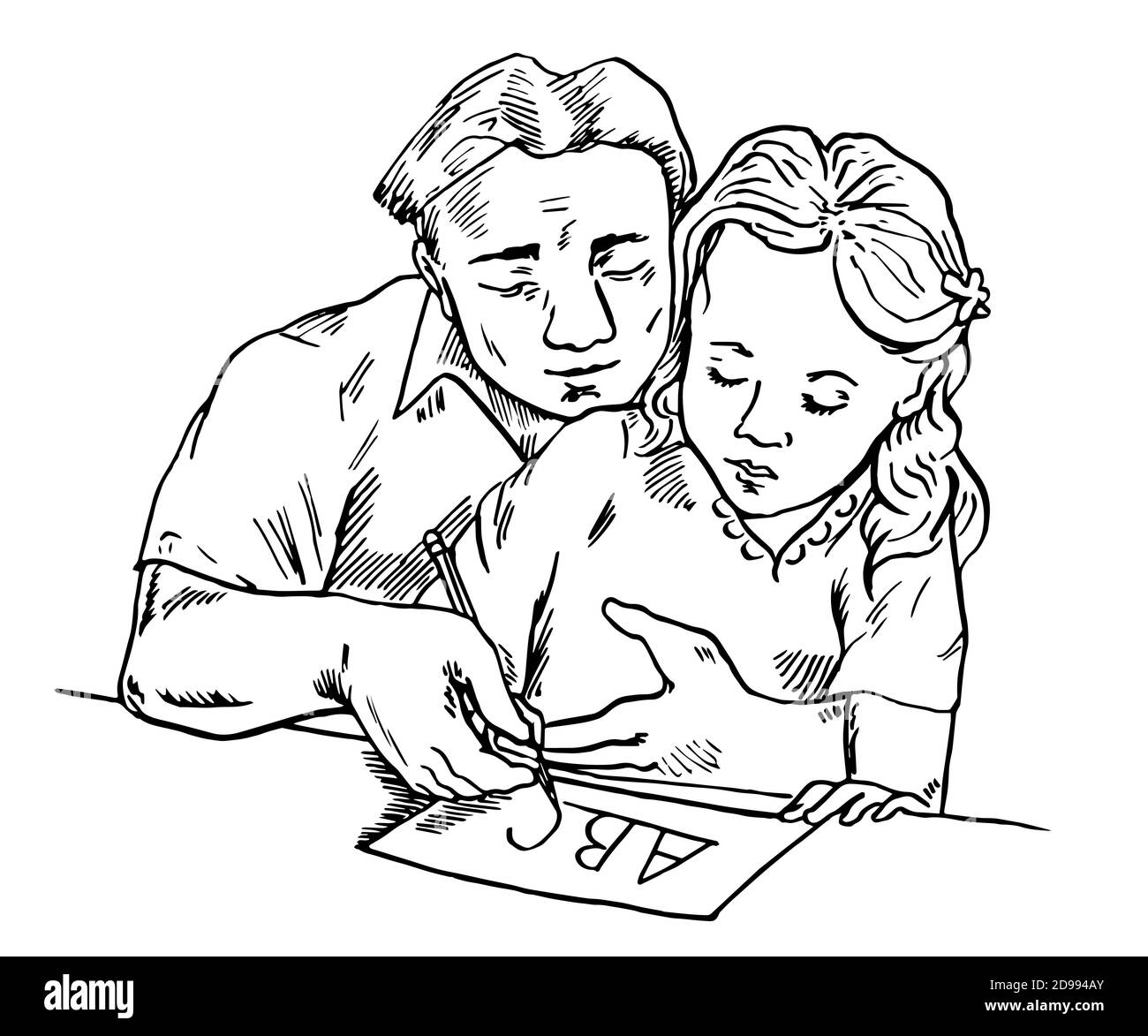 Father learning daughter to write A B C, holding pen in hands, hand ...