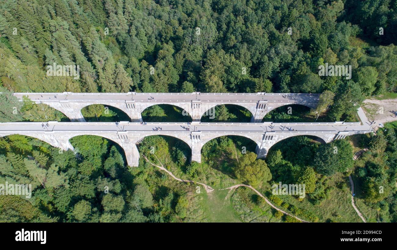 Aerial view of old concrete railway bridges in Stanczyki, Mazury ...