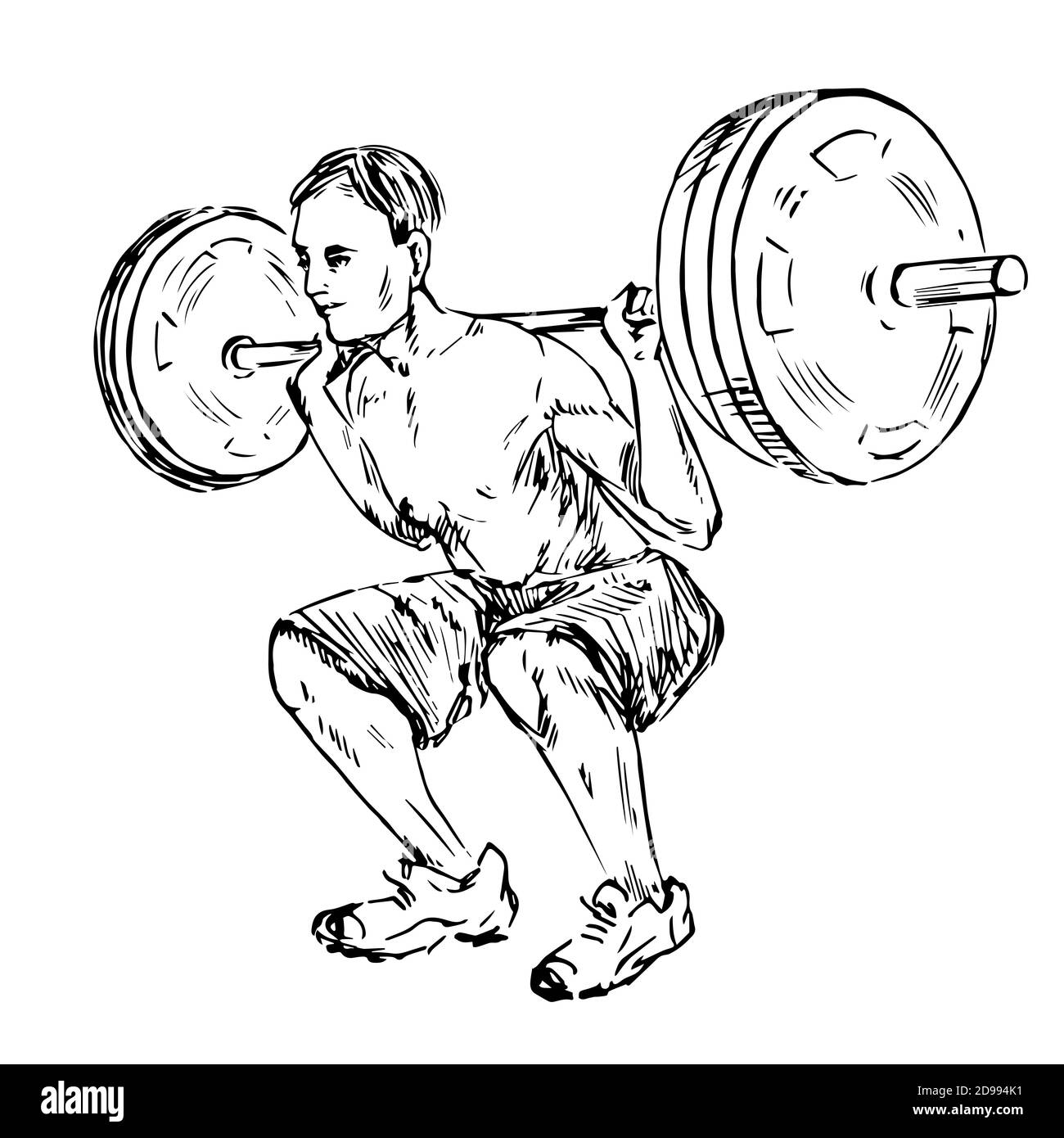 The man lifting a weight, standing position from the back, hand drawn ...