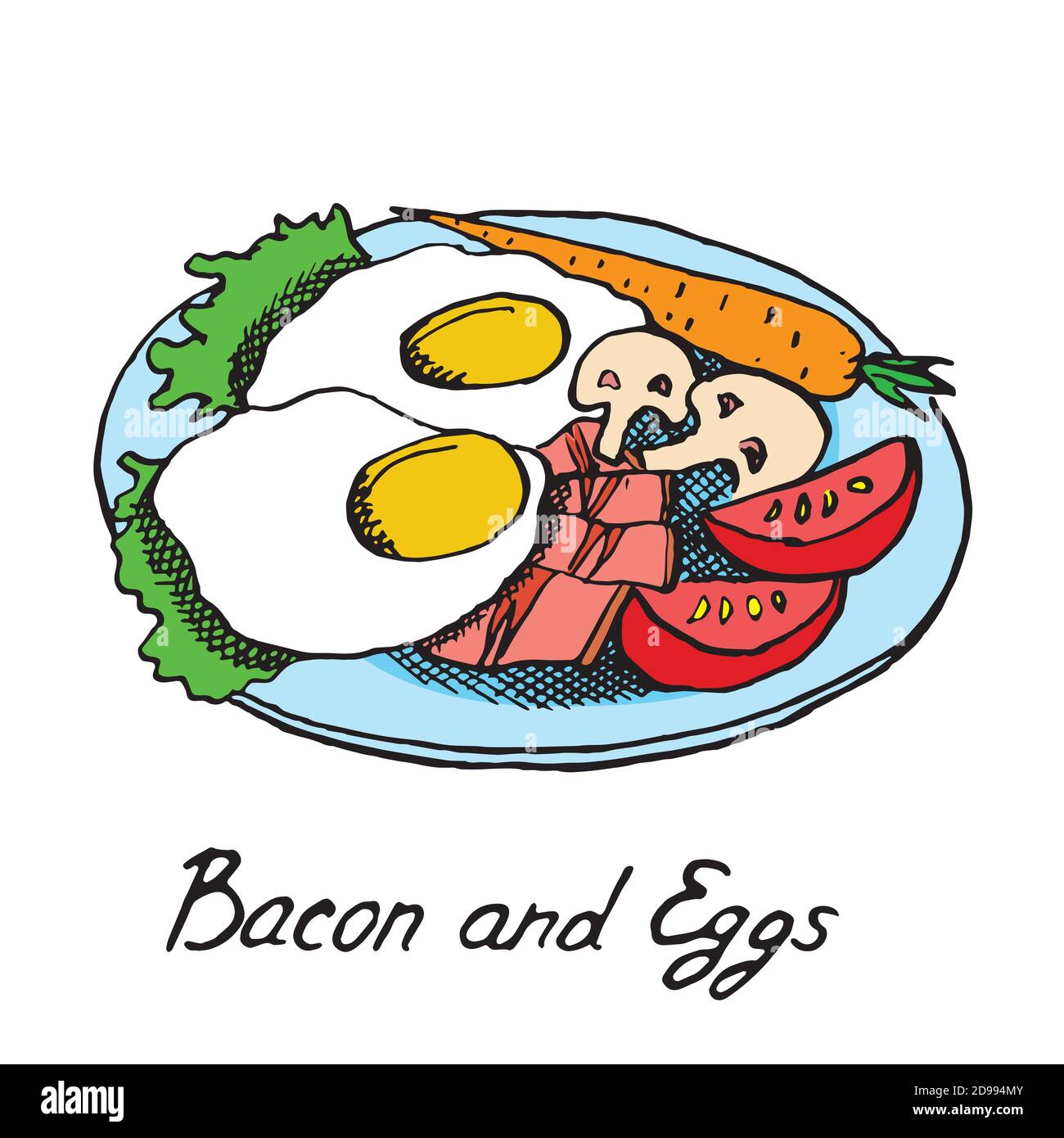 Bacon and eggs, outline colorful doodle drawing with inscription, pop ...