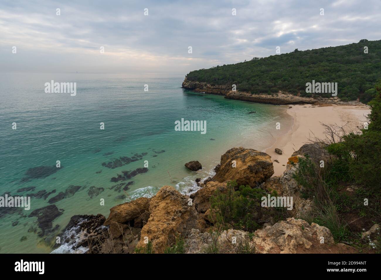 Paradise idylic Coelhos beach with turquoise water in Arrabida park, in ...