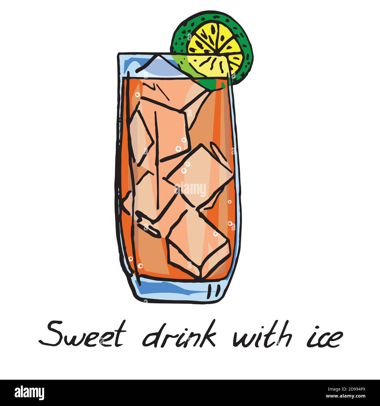 Sweet drink with ice, outline colorful doodle drawing with inscription ...