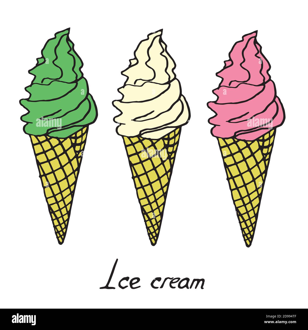 Ice cream, outline colorful doodle drawing with inscription, pop art ...