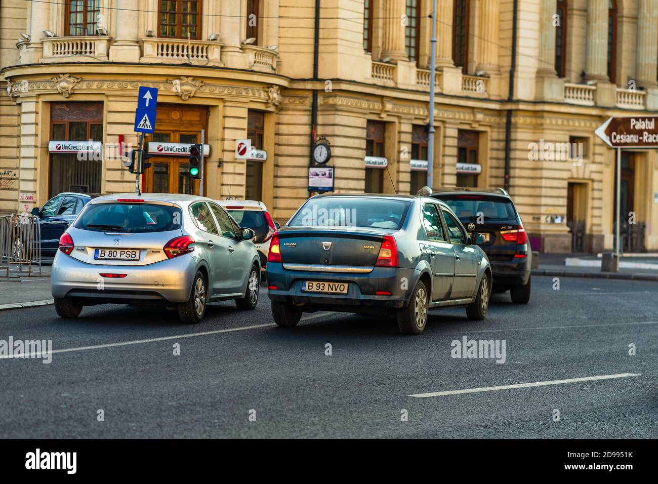 Car traffic at rush hour in downtown area of the city. Car pollution ...