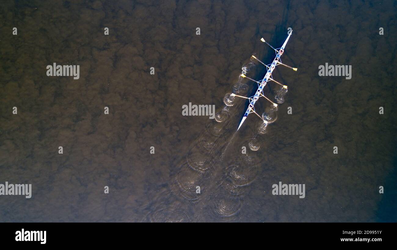 Aerial view of rowers in a racing shell training on Vistula River in ...