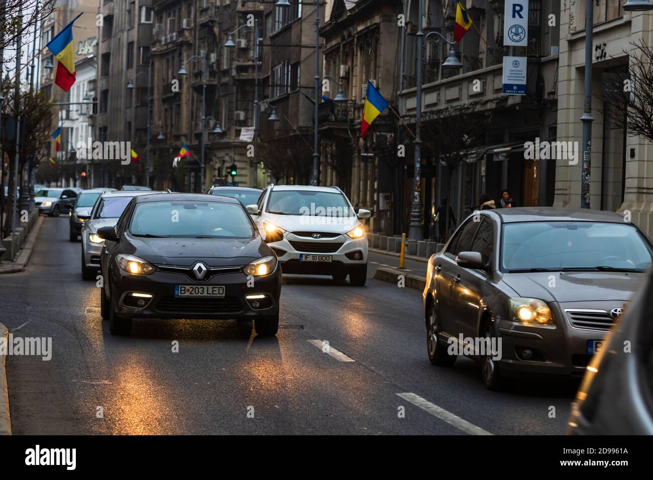 Traffic at rush hour in downtown Bucharest. Junction with stopped cars ...