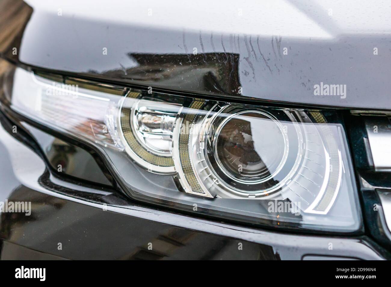 Close up photo of modern car, detail of headlight. Headlight car ...