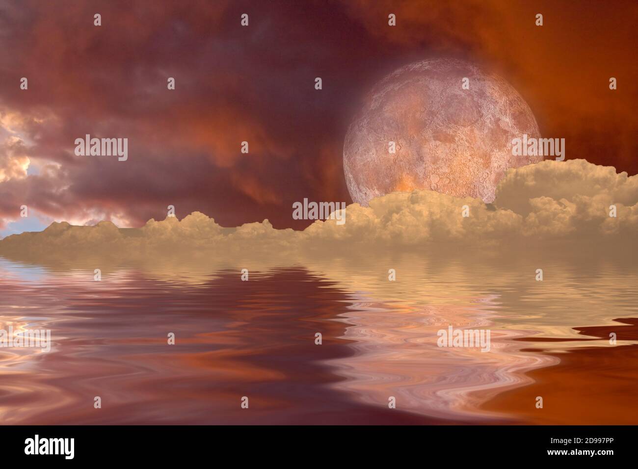 Red moon rising over surreal water world. 3D rendering Stock Photo - Alamy