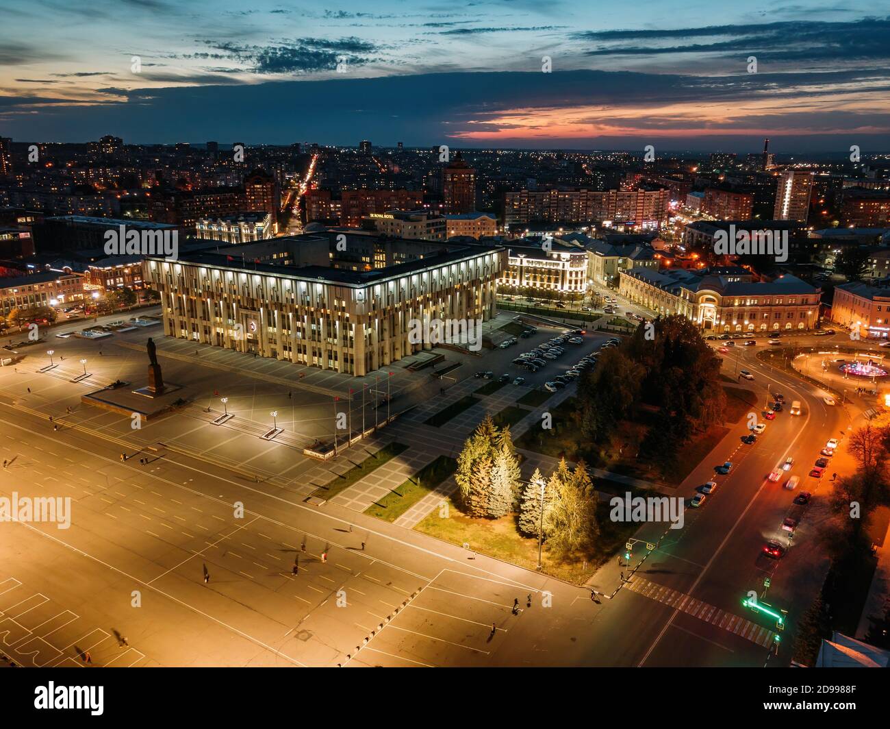 Night summer Tula downtown skyline, Lenin Square. Aerial view from ...