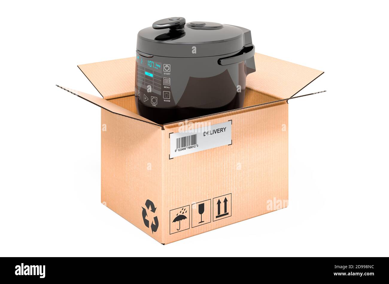 Automatic multicooker inside cardboard box, delivery concept. 3D ...
