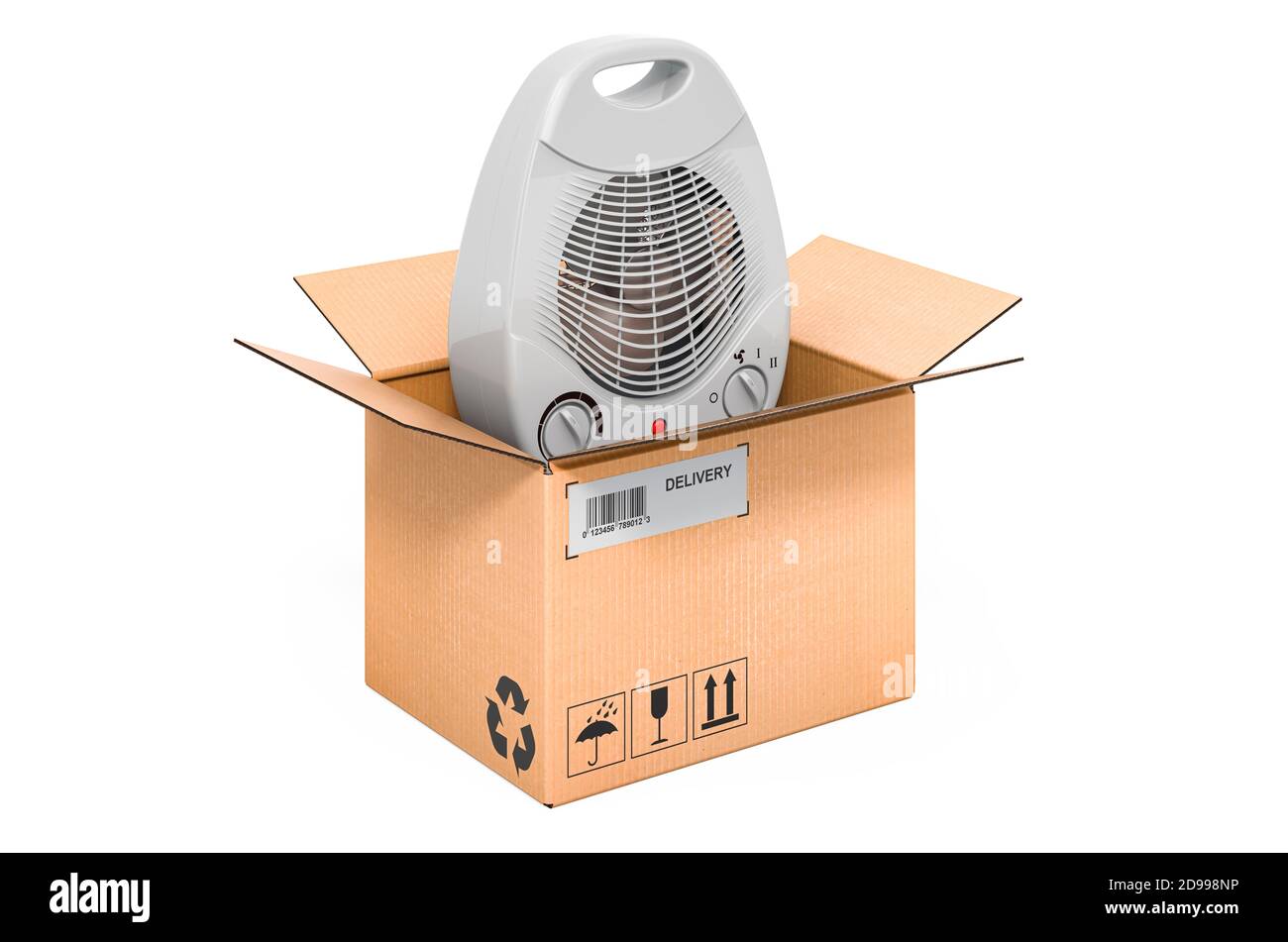 Fan heater inside cardboard box, delivery concept. 3D rendering ...