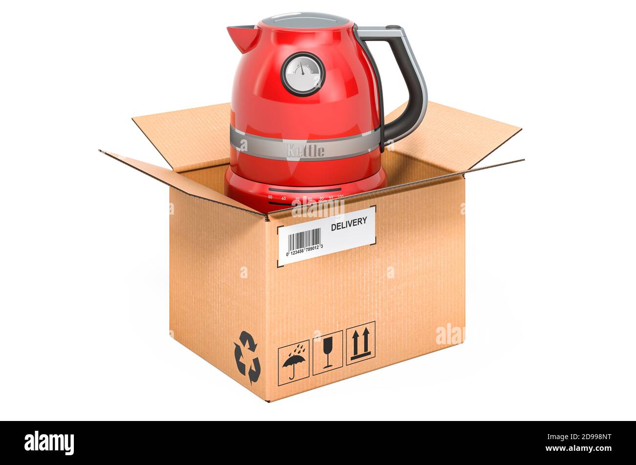 Electric kettle inside cardboard box, delivery concept. 3D rendering ...