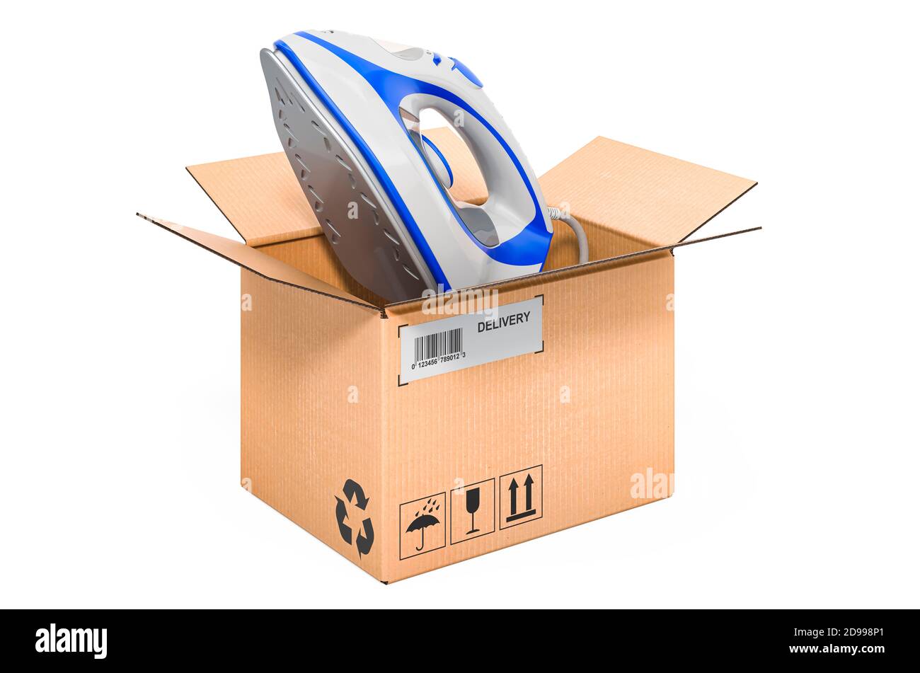 Electric steam iron inside cardboard box, delivery concept. 3D ...