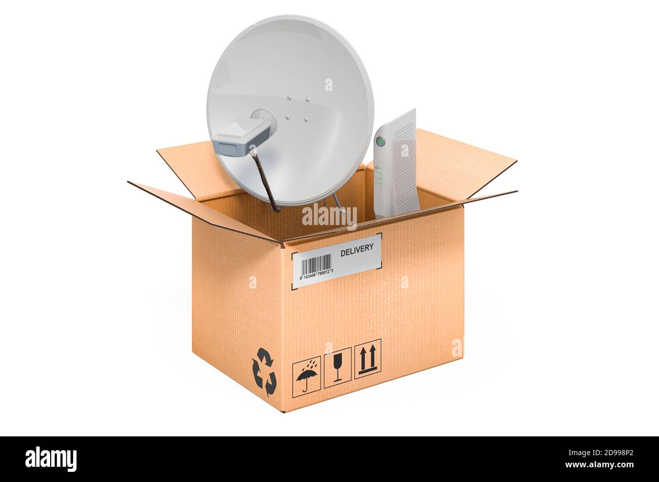 Satellite dish inside cardboard box, delivery concept. 3D rendering ...