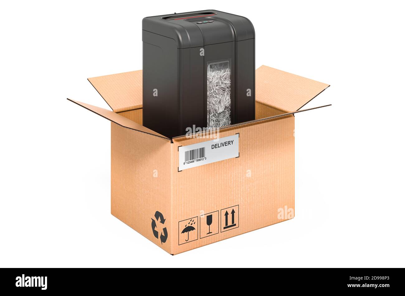 Paper shredder inside cardboard box, delivery concept. 3D rendering ...