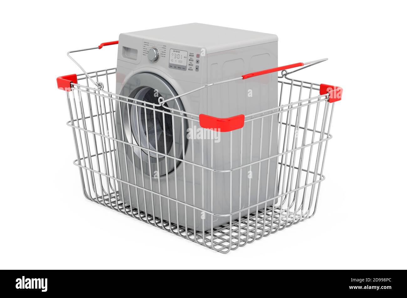 Washing machine inside shopping basket, 3D rendering isolated on white ...