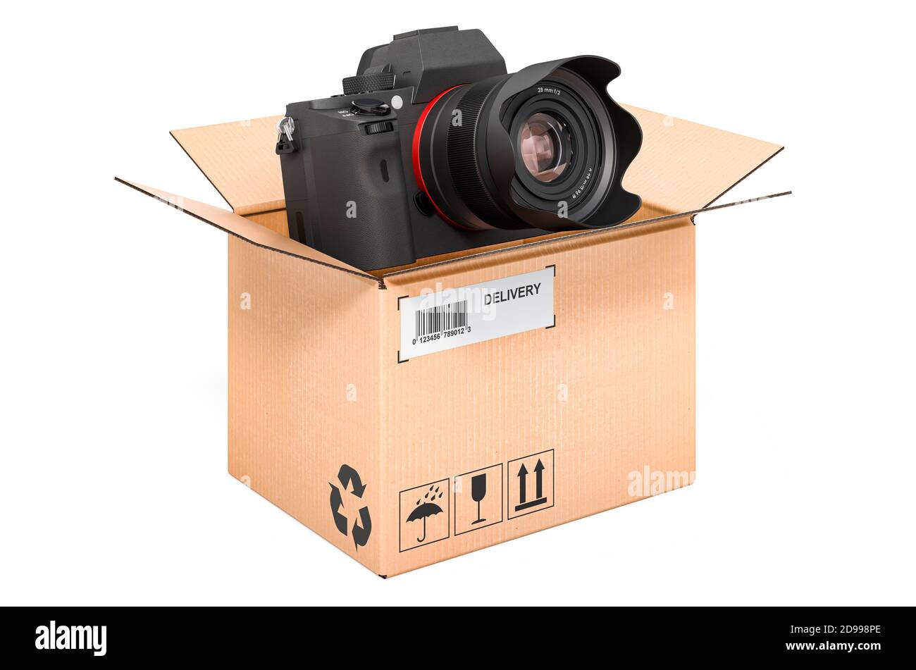 Digital camera inside cardboard box, delivery concept. 3D rendering ...
