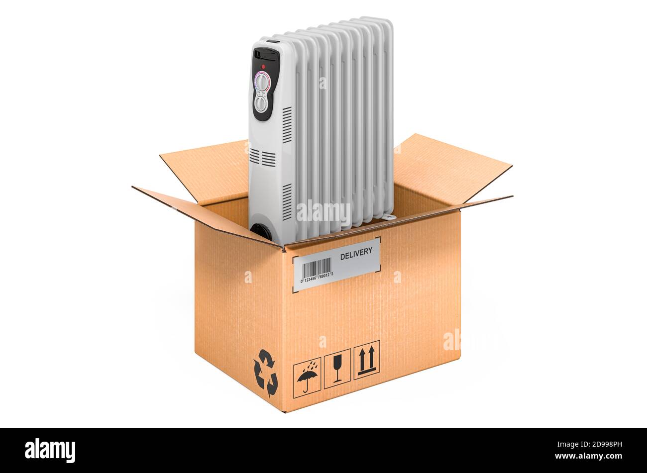 Portable air conditioner inside cardboard box, delivery concept. 3D ...