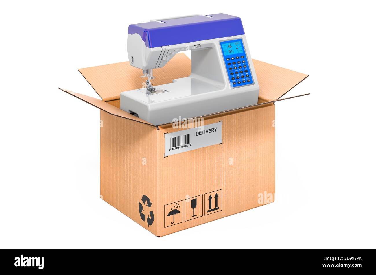 Modern sewing machine inside cardboard box, delivery concept. 3D ...